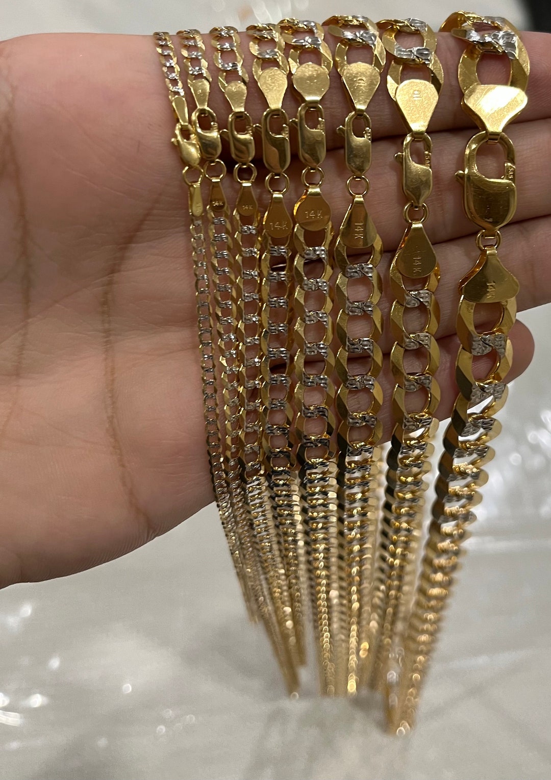 Real 14k Solid Yellow Two Tone Cuban Curb Chain Mens Womens, Flat 14k ...