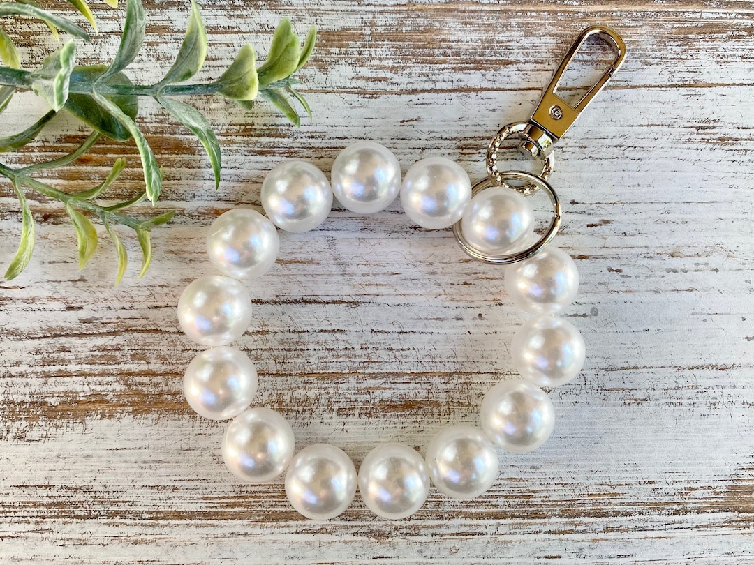 Pearl Keychain Bracelet | Pearl Bead Key Ring | Pearl Bead Wristlet ...