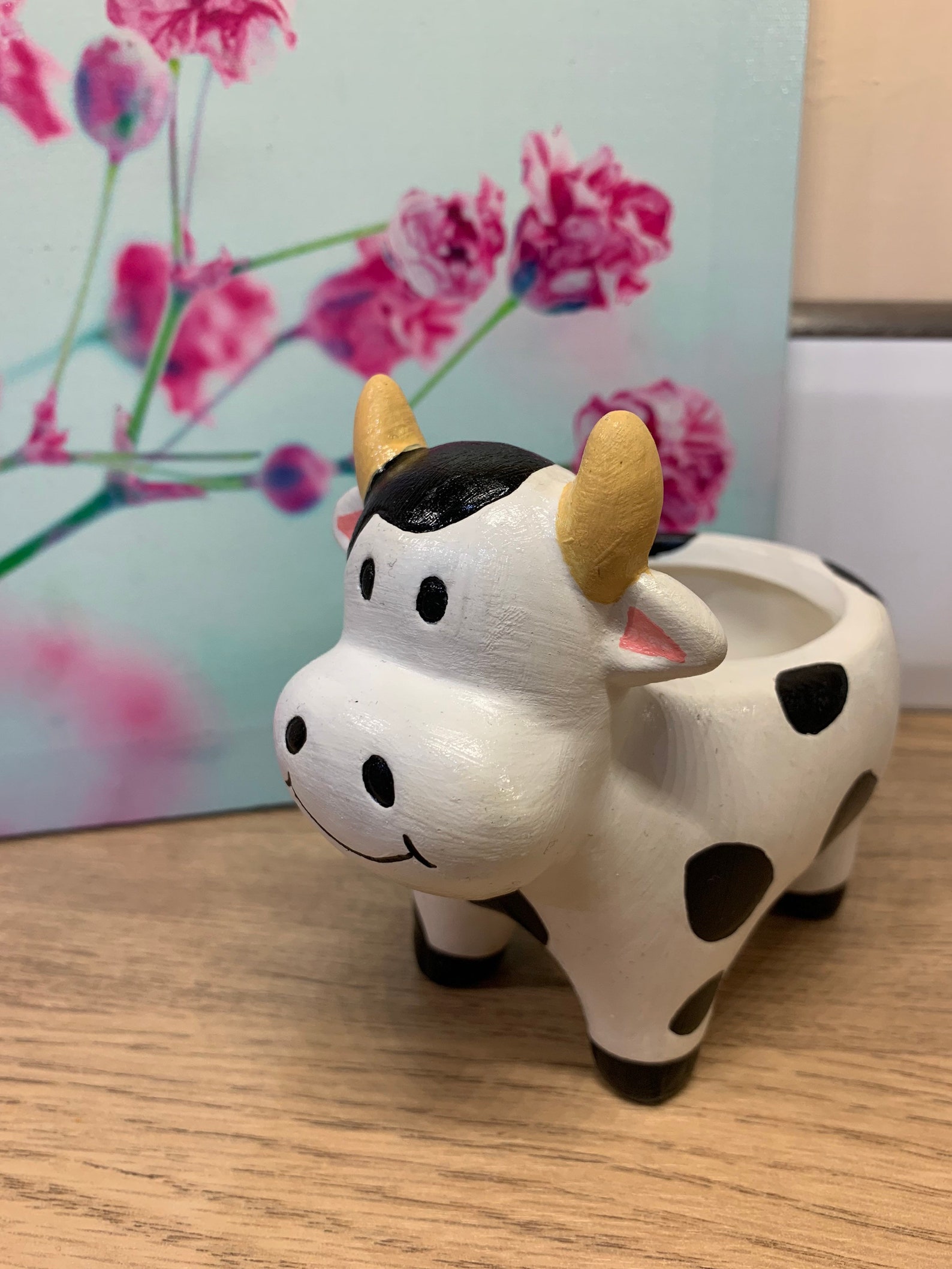 Black and white hand painted ceramic cow planter. | Etsy