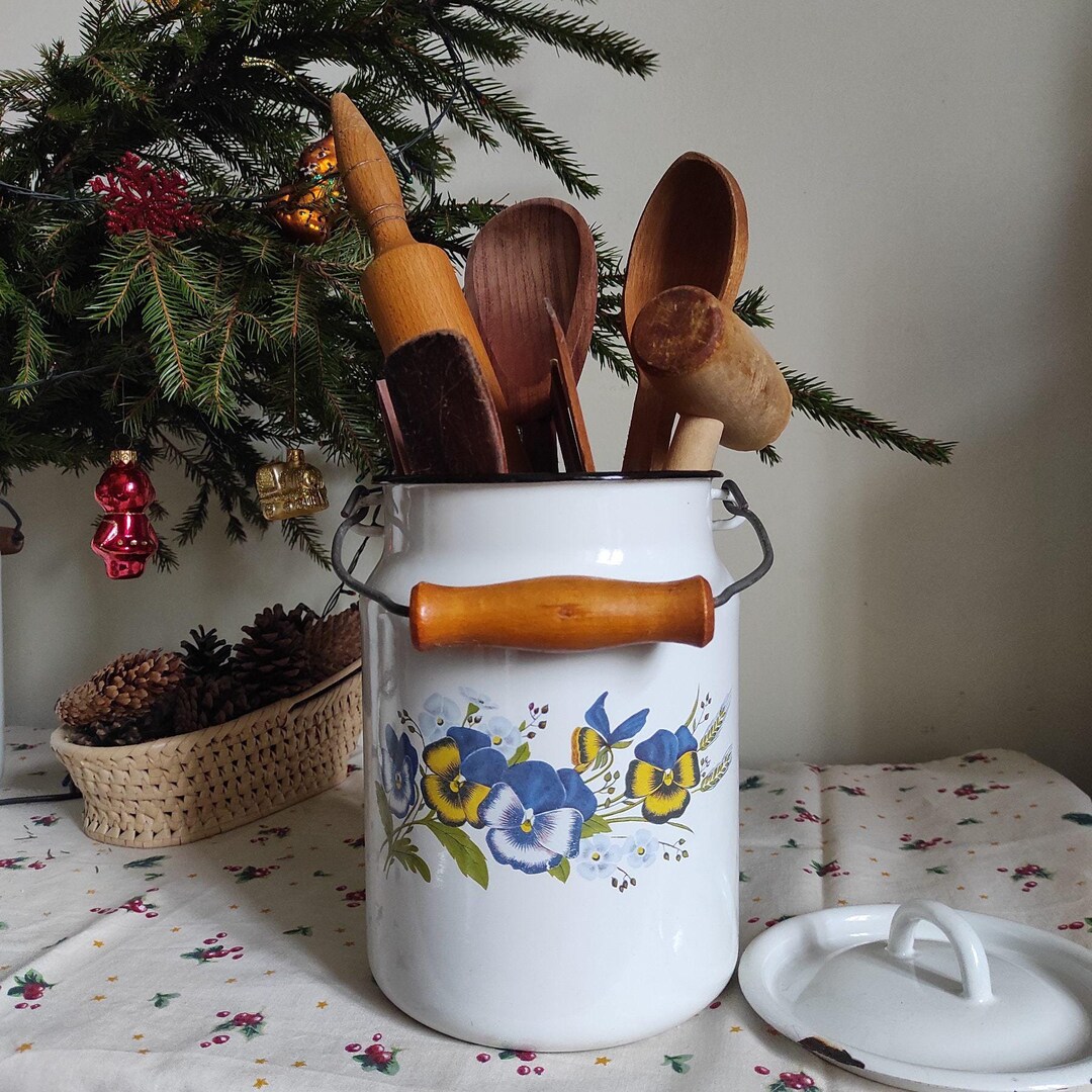 Vintage Kitchen Utensil Holder Enamel Bucket Rustic Kitchen Storage ...