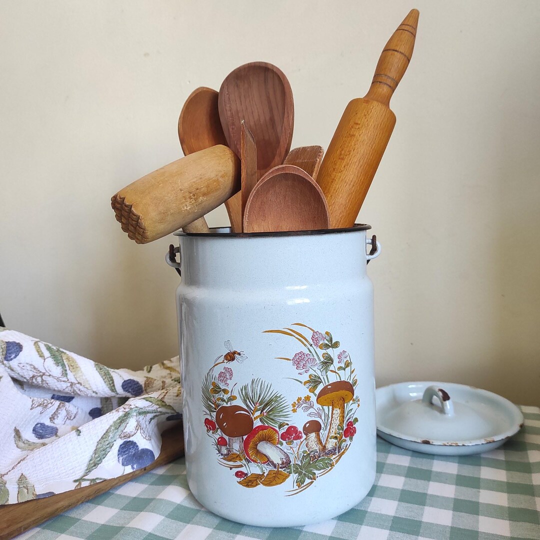 Vintage Kitchen Utensil Holder Mushrooms Enamel Milk Can - Etsy