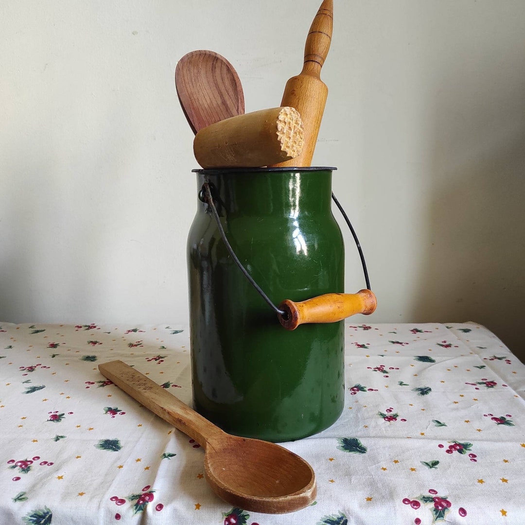 Green Enamel Milk Can Rustic Kitchen Container Storage Enamel Canister ...