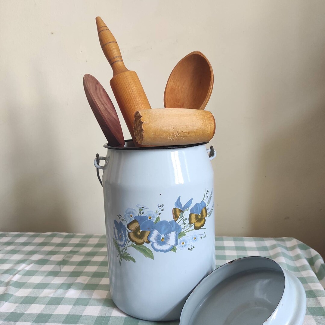 Vintage Utensil Holder Blue Enamel Milk Can Floral Rustic Kitchen ...