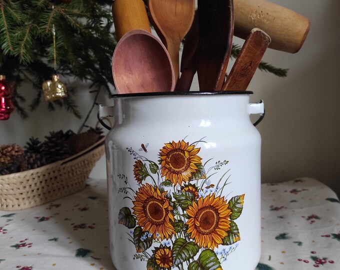 Vintage Enamel Utensils Holder Sunflowers Print Cottagecore Kitchenware ...