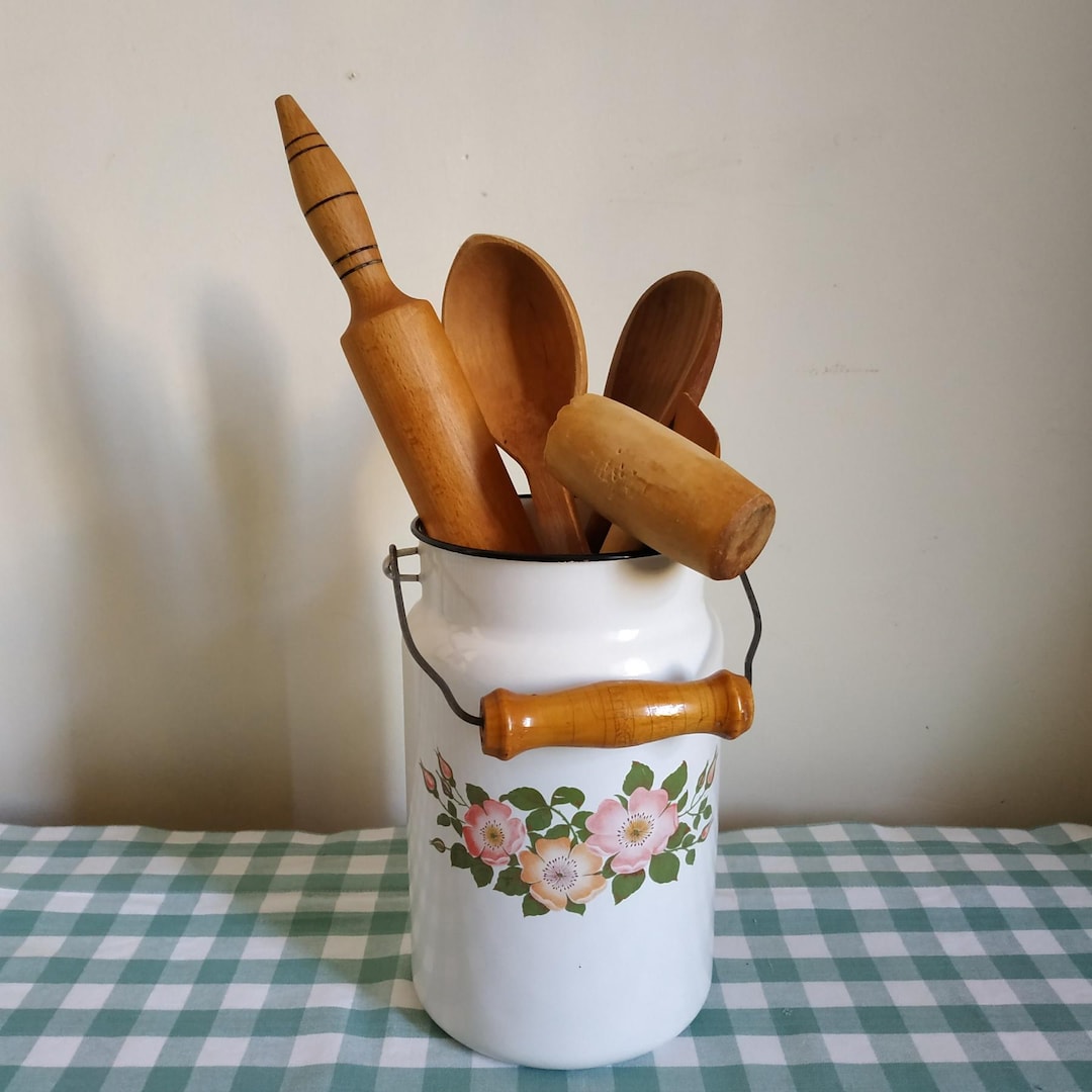 Vintage Utensil Holder Enamel Milk Can With Floral Print - Etsy