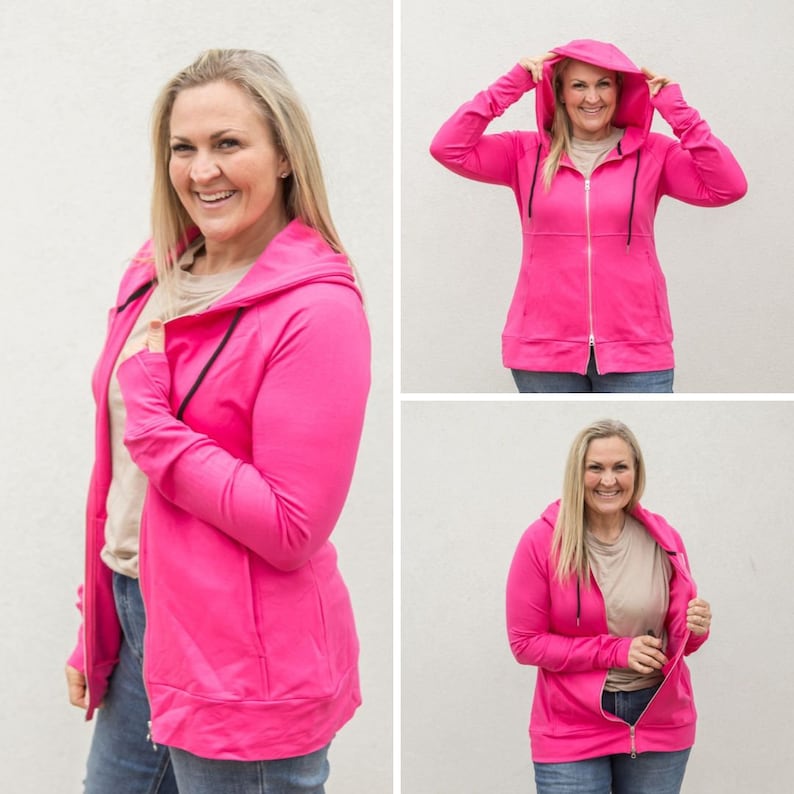 Fuchsia Full Zip Women's Hoodie, Bright Pink Zip-up Jacket, Casual ...