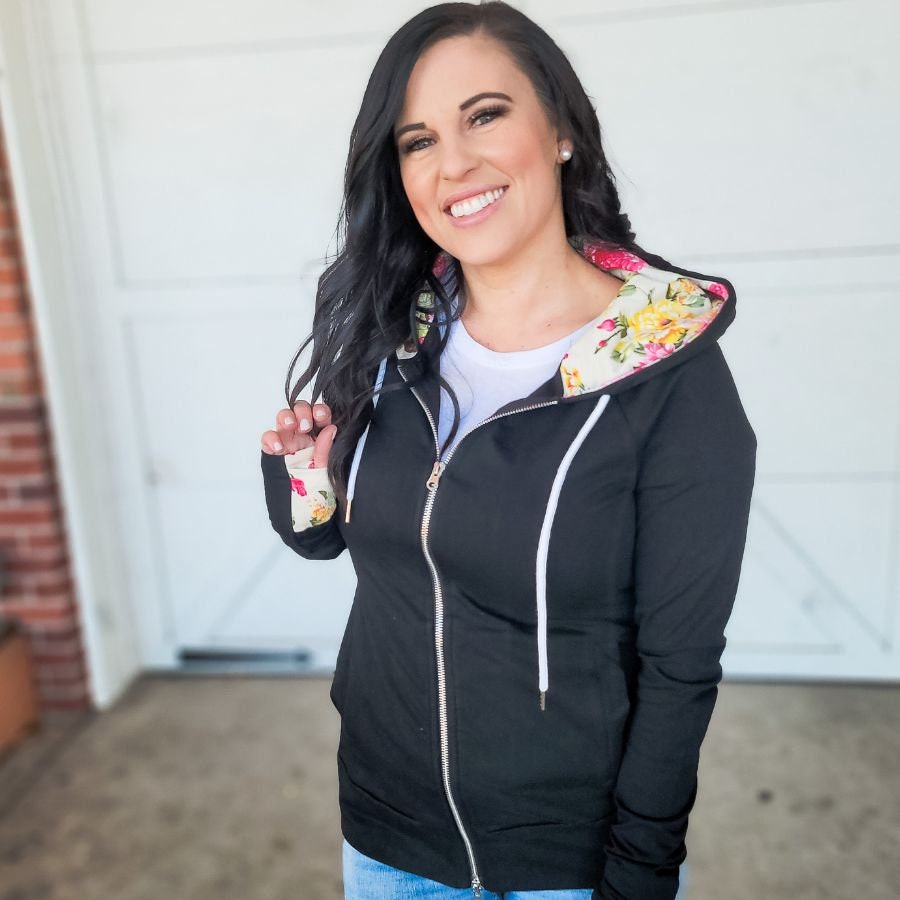 Lexi Black Floral Women's Full Zip Hoodie, Black Floral Womens Hoodie ...