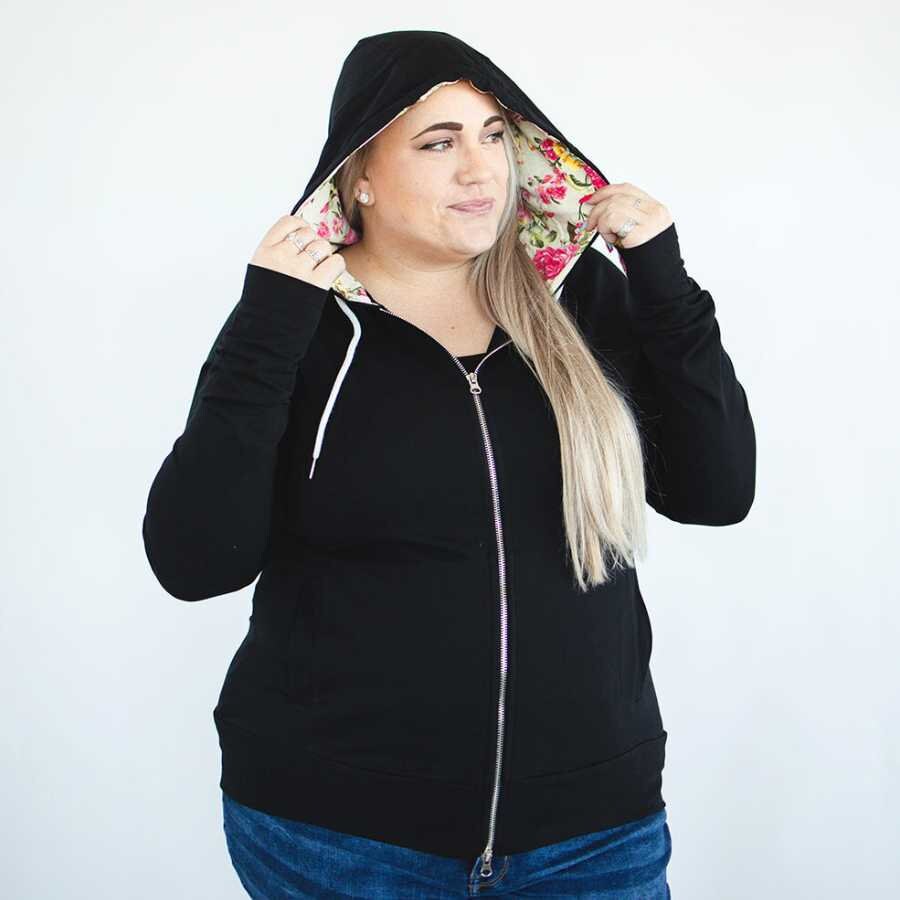 Lexi Black Floral Women's Full Zip Hoodie, Black Floral Womens Hoodie ...