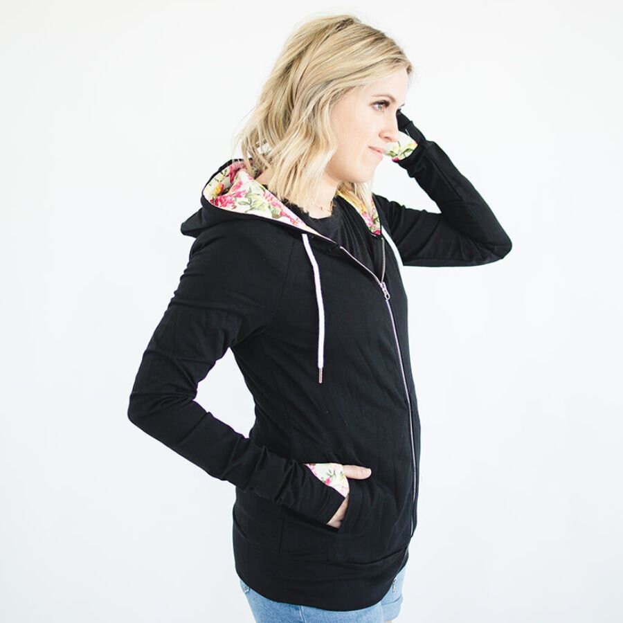 Lexi Black Floral Women's Full Zip Hoodie, Black Floral Womens Hoodie ...