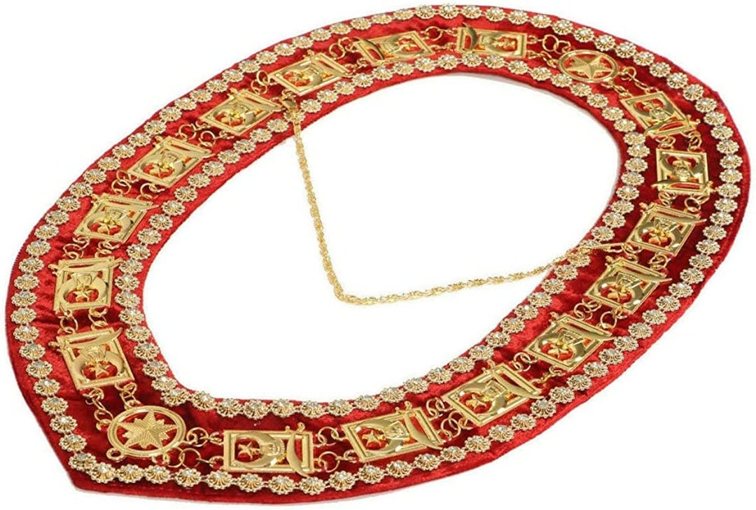 MASONIC SHRINER RHINESTONES Around Chain Collar Golden on Red Velvet ...