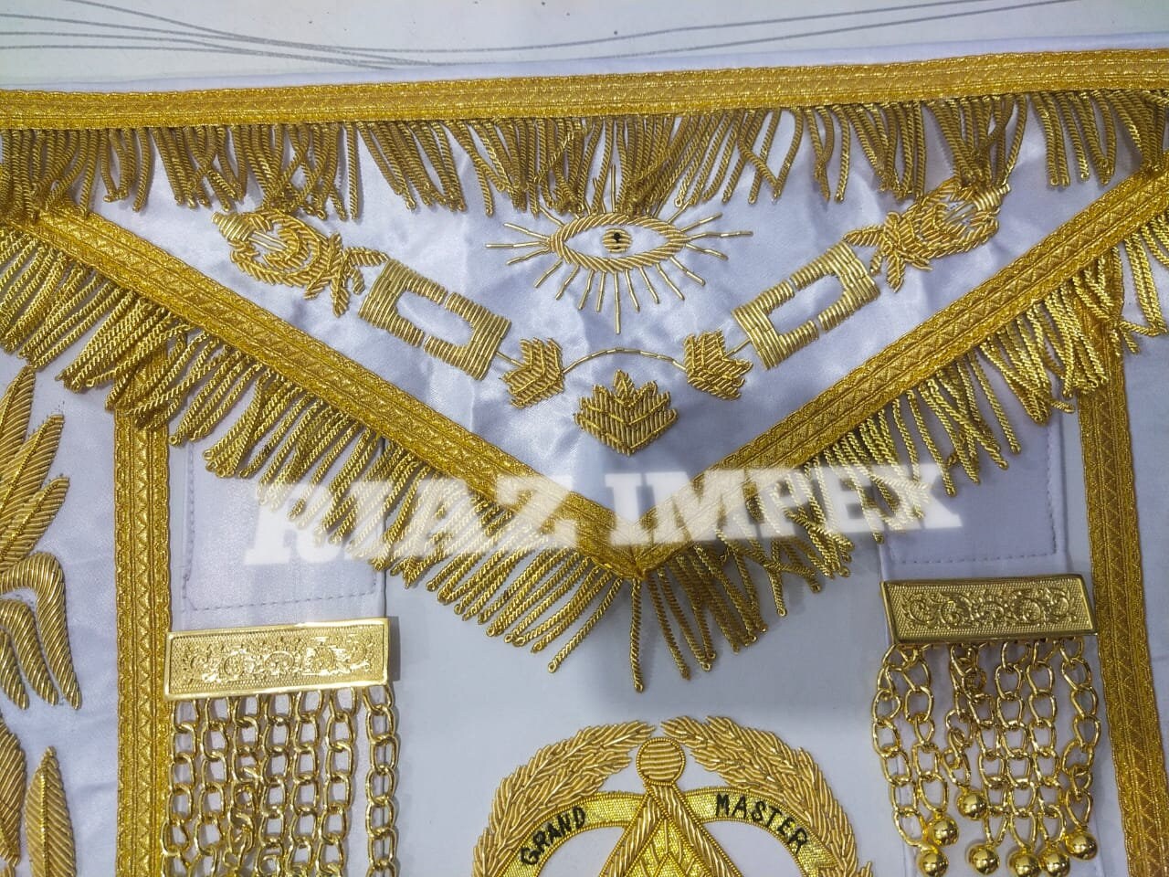 MASONIC GRAND MASTER Apron Chain Collar White Velvet Gold Handmade Work ...