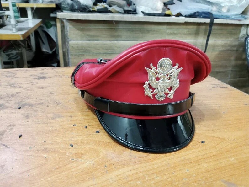 Finest Soft Real Leather Red Army Biker Muir Cap US Hat Military ...