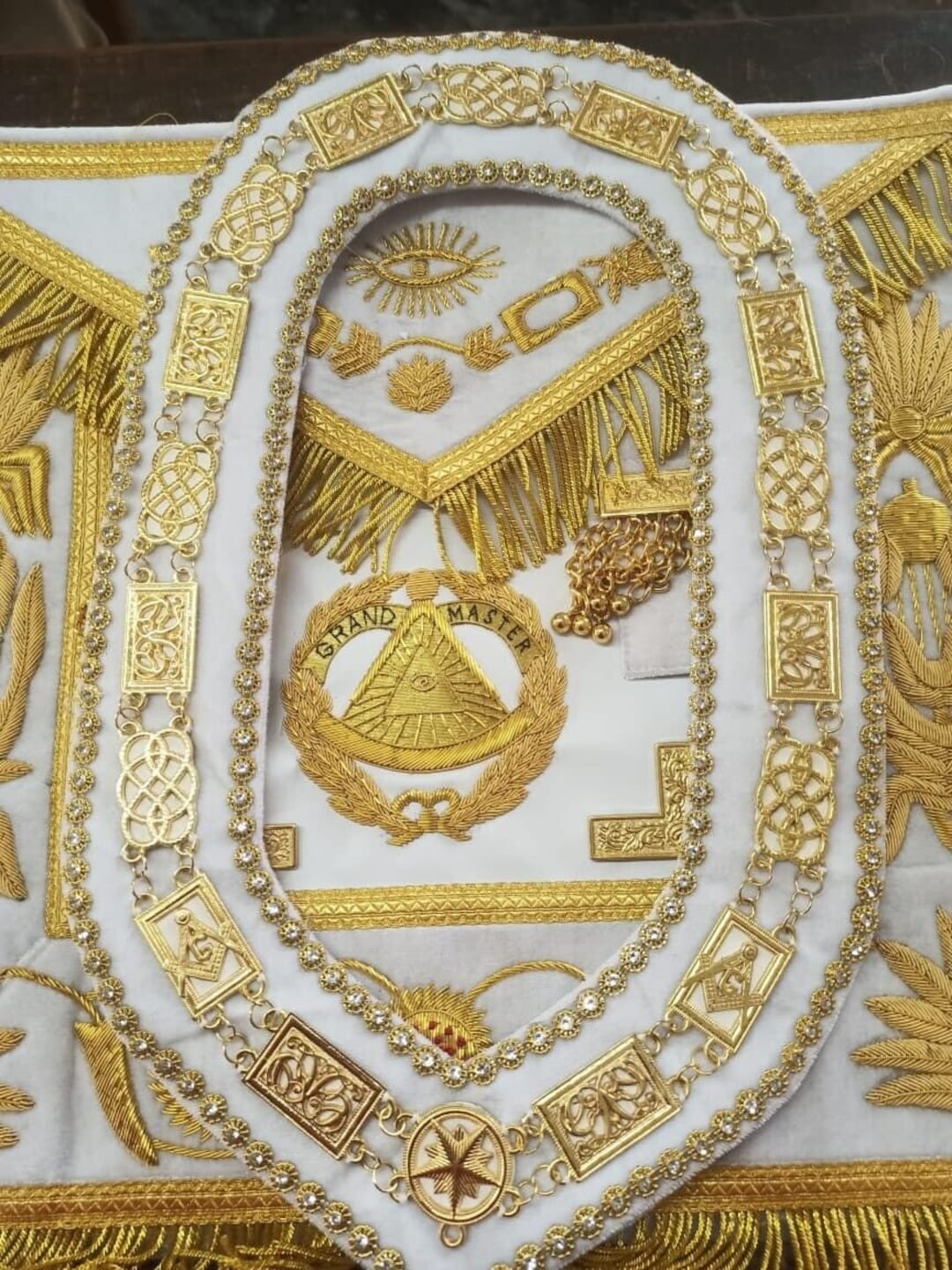 MASONIC GRAND MASTER Apron Chain Collar White Velvet Gold Handmade Work ...