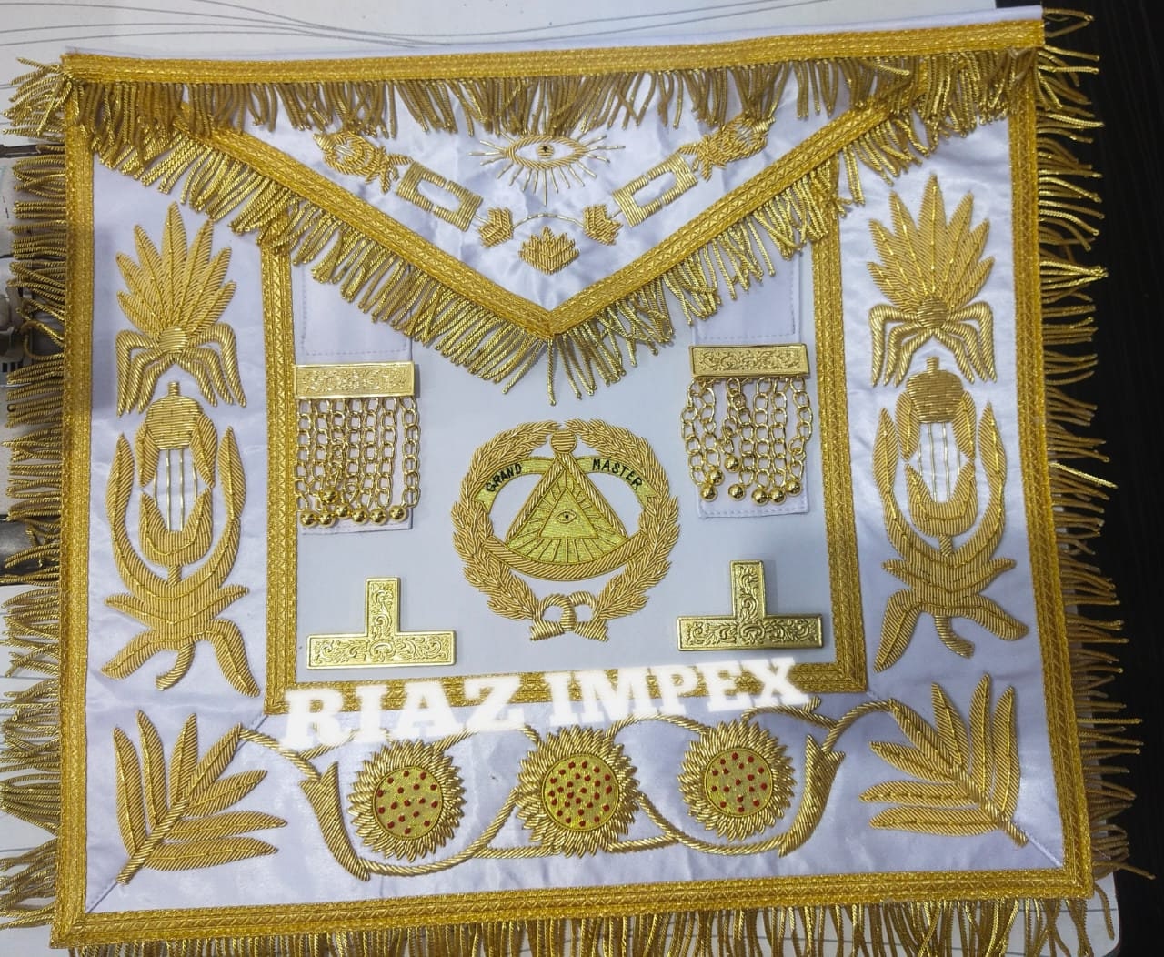 MASONIC GRAND MASTER Apron Chain Collar White Velvet Gold Handmade Work ...