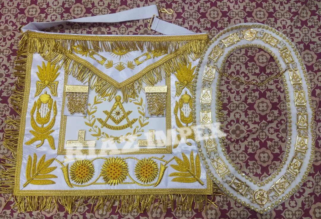 Masonic PAST GRAND MASTER Apron Chain Collar White Velvet Gold Hand ...