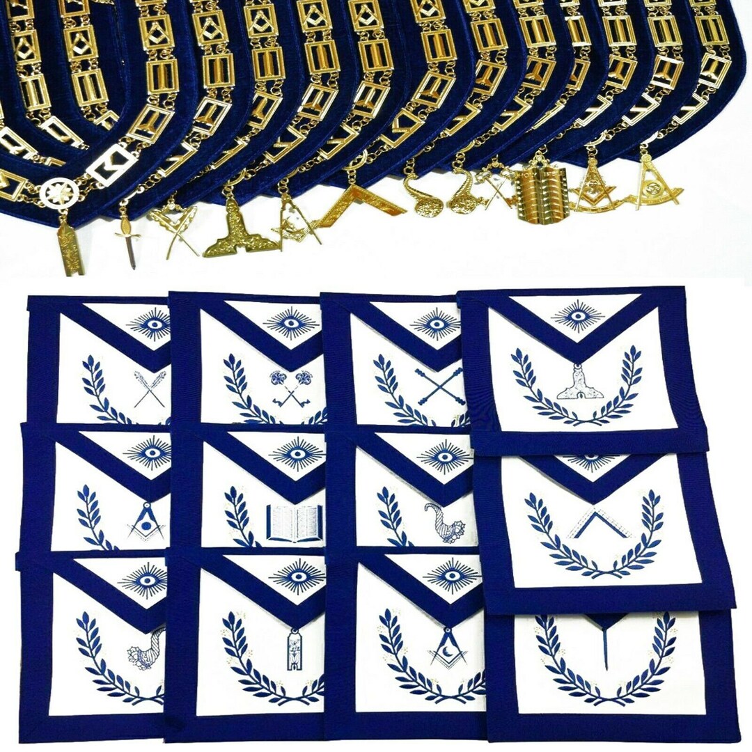 Masonic Regalia Aprons Blue Lodge Officers Set of 12 & Blue Backing ...