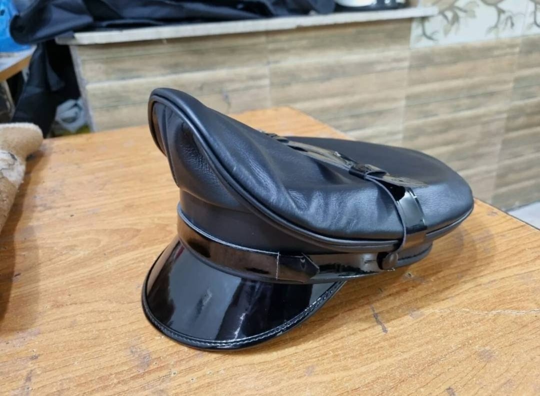 Genuine Real Leather Black Army Muir Biker Peaked Police Gay Bluf Cap ...