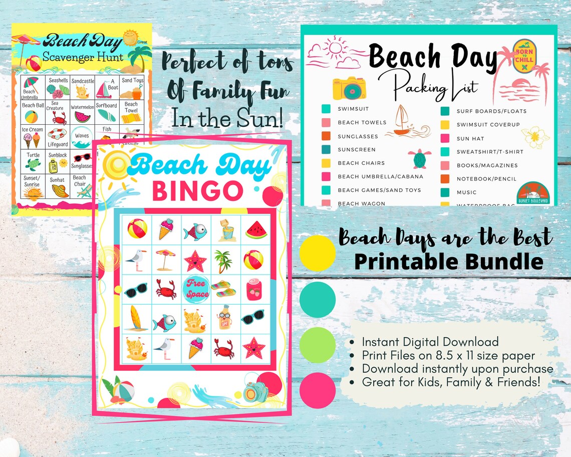 Beach Day Printable Bundle - Instant Digital Download Packing List ...