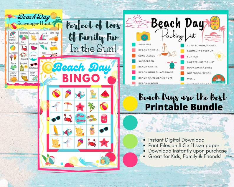 Beach Day Printable Bundle - Instant Digital Download Packing List ...