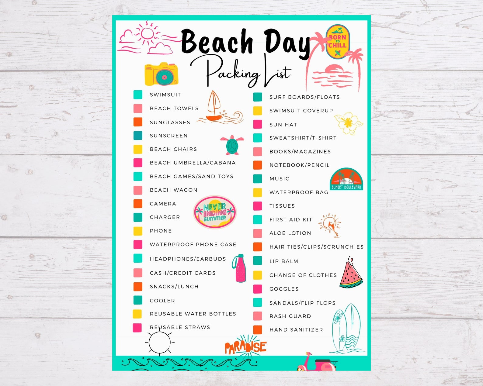 Beach Day Packing List - Fun in the Sun Checklist Instant Digital ...