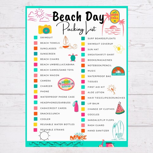 Beach Day Vacation Packing List Instant Printable Download - Etsy