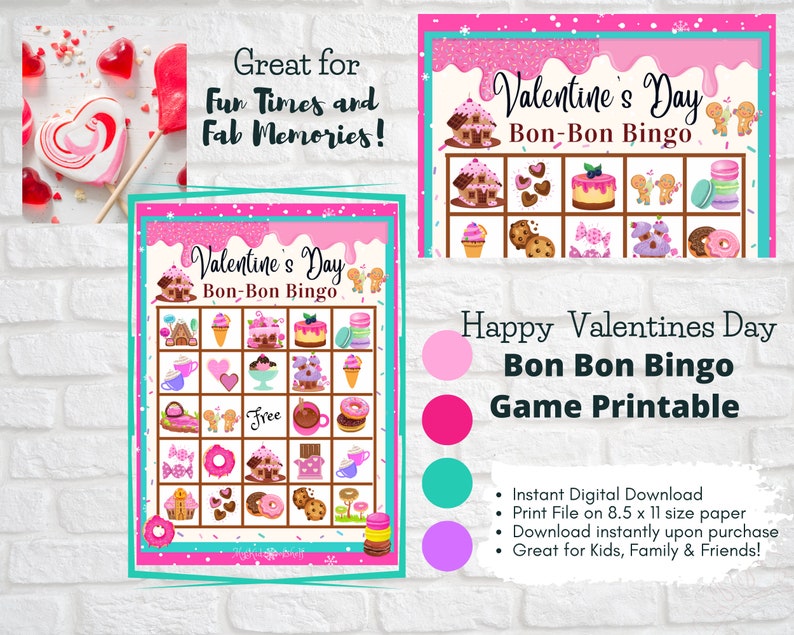 Printable Valentine's Day Bon Bon Bingo Game Kids Holiday 12 Card ...