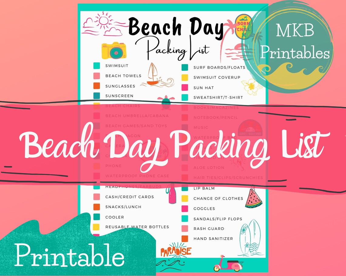 Beach Day Packing List - Fun in the Sun Checklist Instant Digital ...