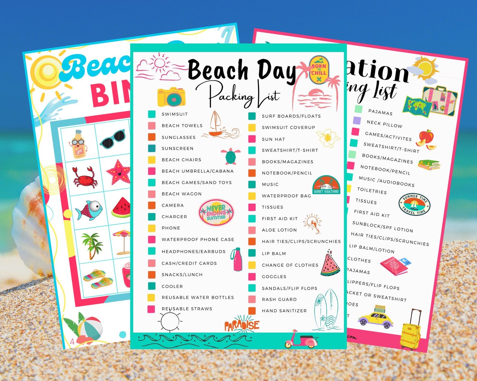 Beach Day Printable Bundle - Instant Digital Download Packing List ...