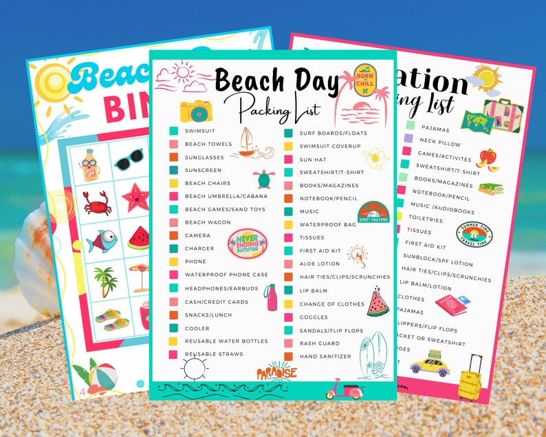 Beach Day Printable Bundle - Instant Digital Download Packing List ...
