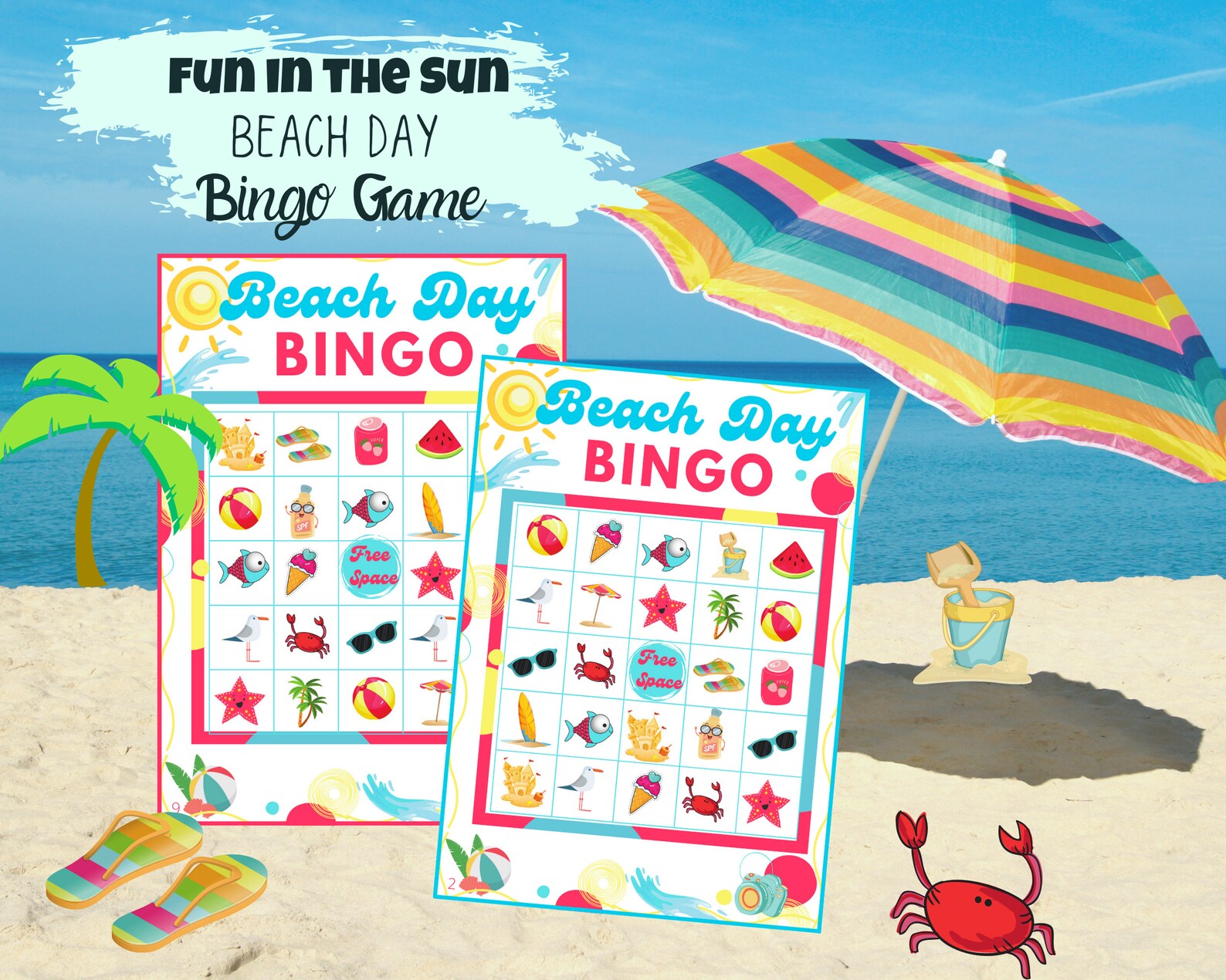 Printable Beach Day Bingo Game Set! 12 Card Bingo Set With Calling ...