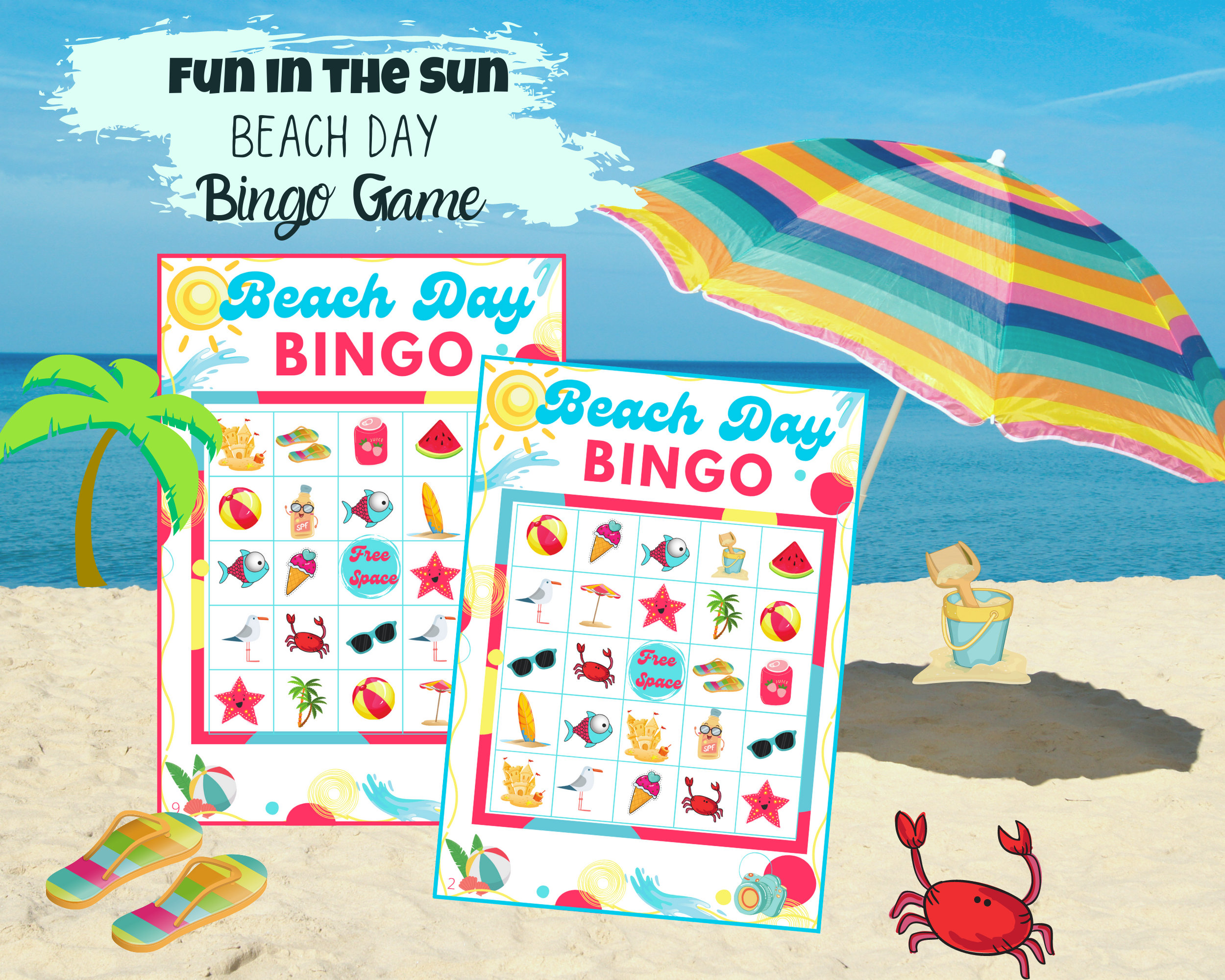 Printable Beach Day Bingo Game Set! 12 Card Bingo Set With Calling ...