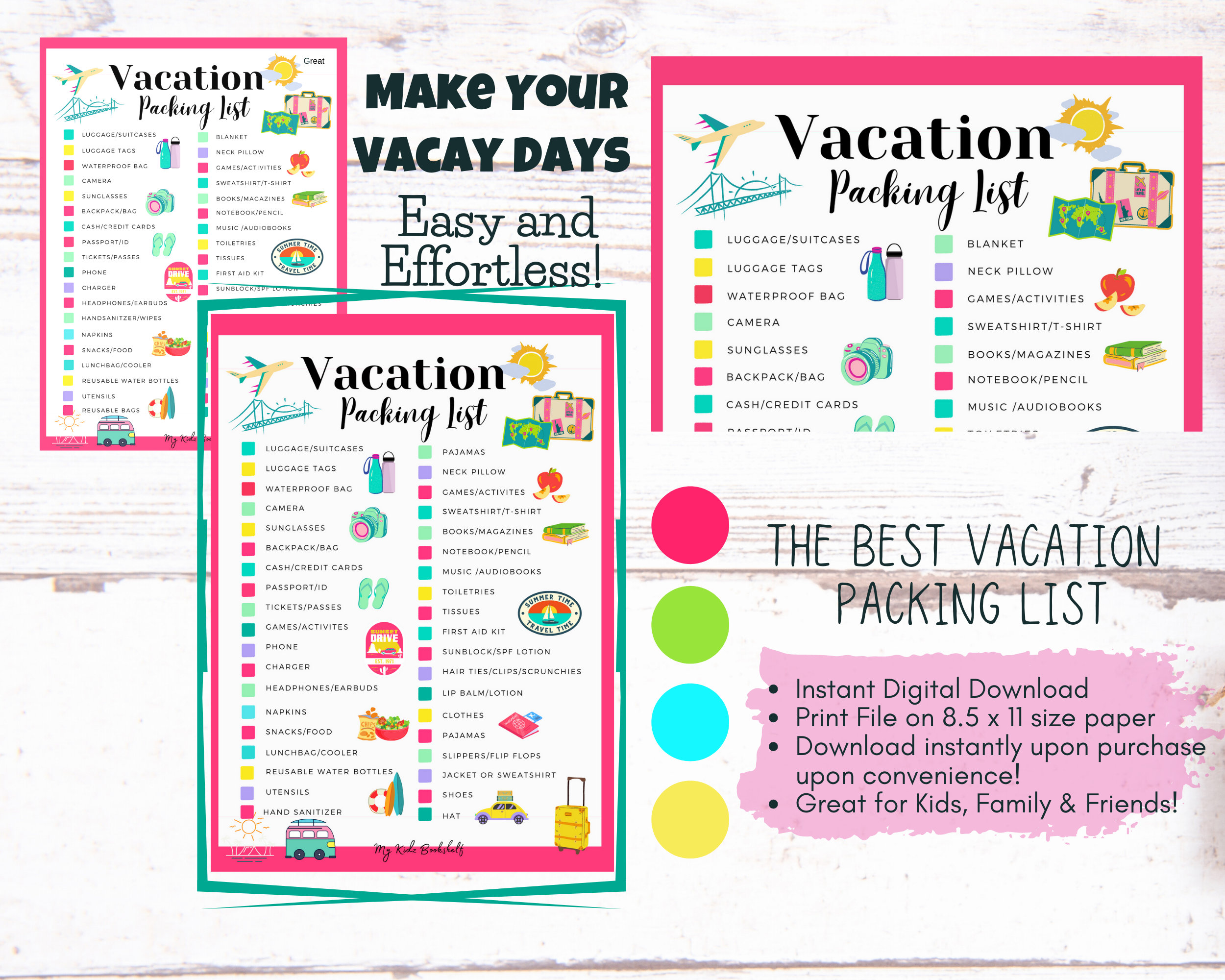 Vacation Packing List - Instant Digital Download Packing List for Kids ...