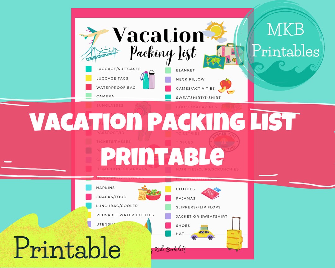 Vacation Packing List - Instant Digital Download Packing List for Kids ...