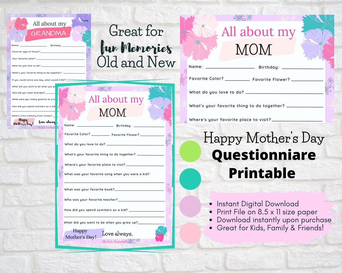 Happy Mother's Day Questionnaire for Mom and Grandma - Instant Digital ...