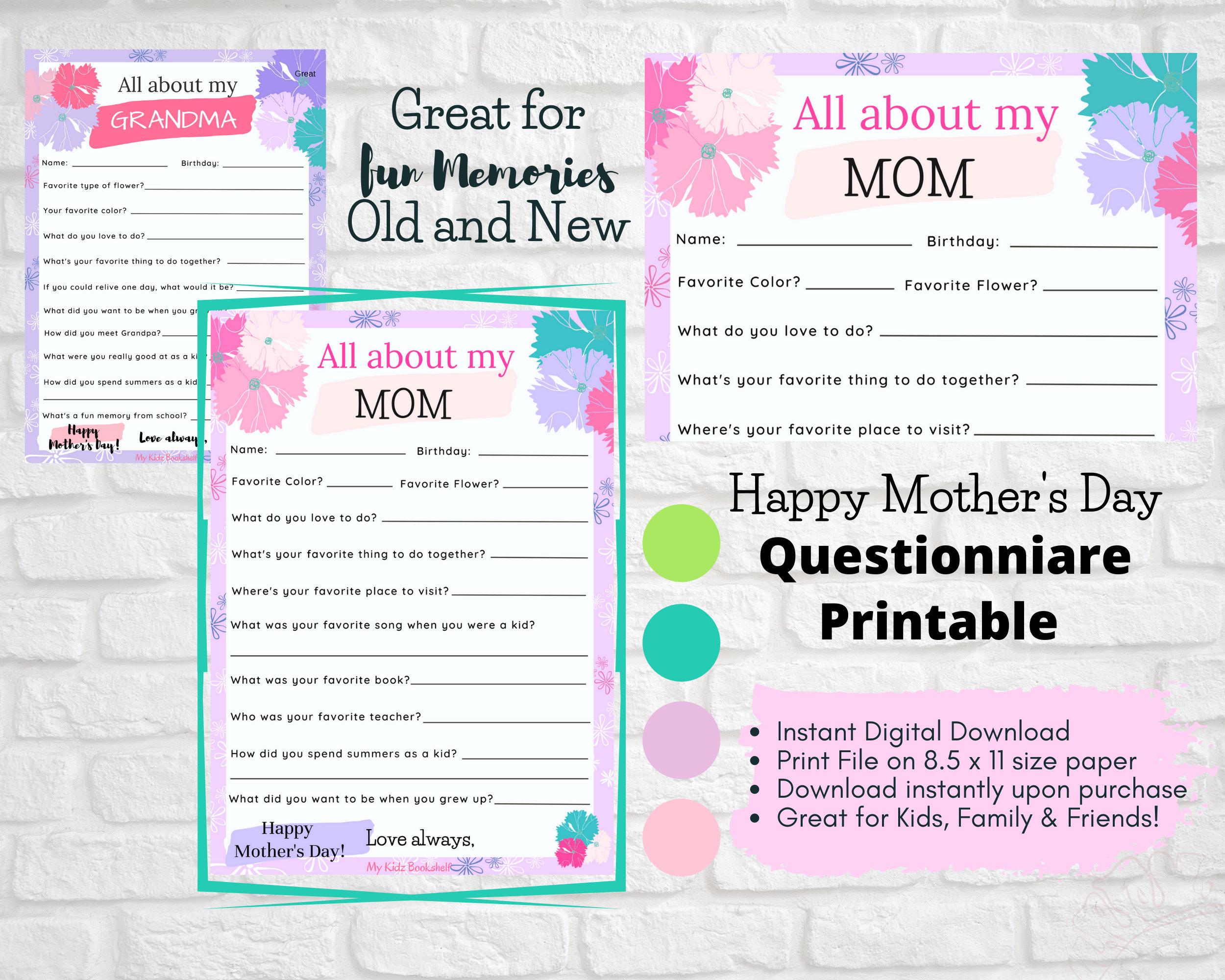 Happy Mother's Day Questionnaire for Mom and Grandma - Instant Digital ...