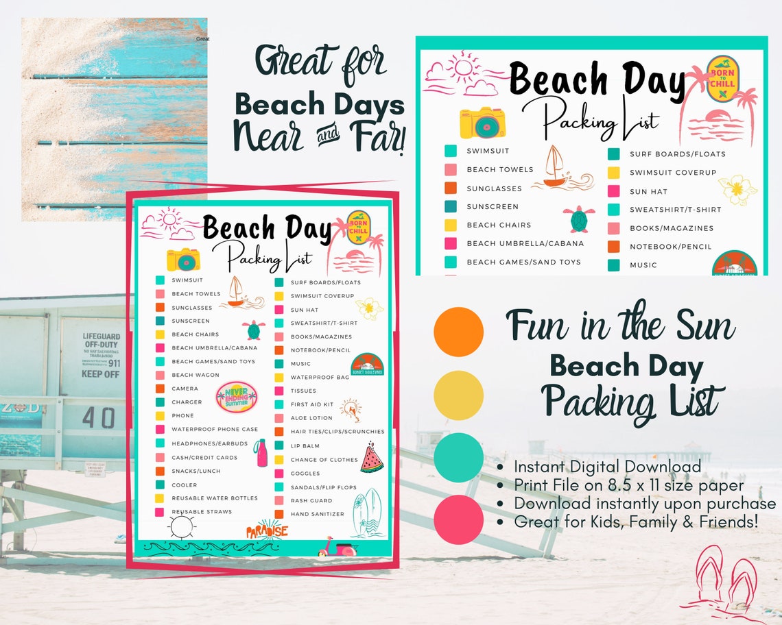 Beach Day Packing List - Fun in the Sun Checklist Instant Digital ...