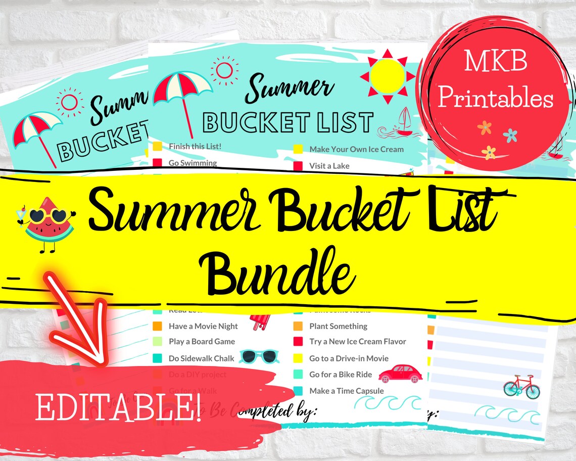 EDITABLE Summer Bucket List Printable Bundle - Instant Digital Download ...