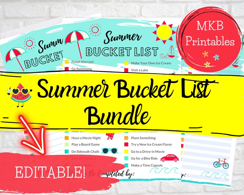 EDITABLE Summer Bucket List Printable Bundle - Instant Digital Download ...