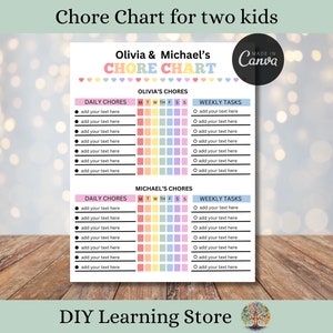 Editable Chore Chart for Two Kids | Canva Template | Behavior Tracker ...