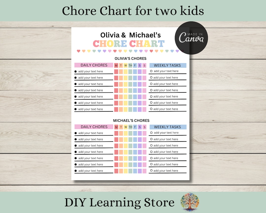Editable Chore Chart for Two Kids | Canva Template | Behavior Tracker ...