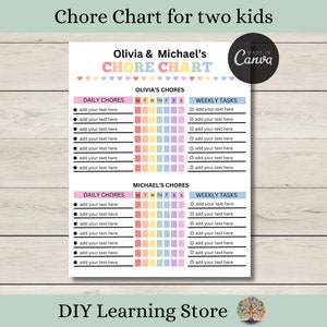 Editable Chore Chart for Two Kids | Canva Template | Behavior Tracker ...