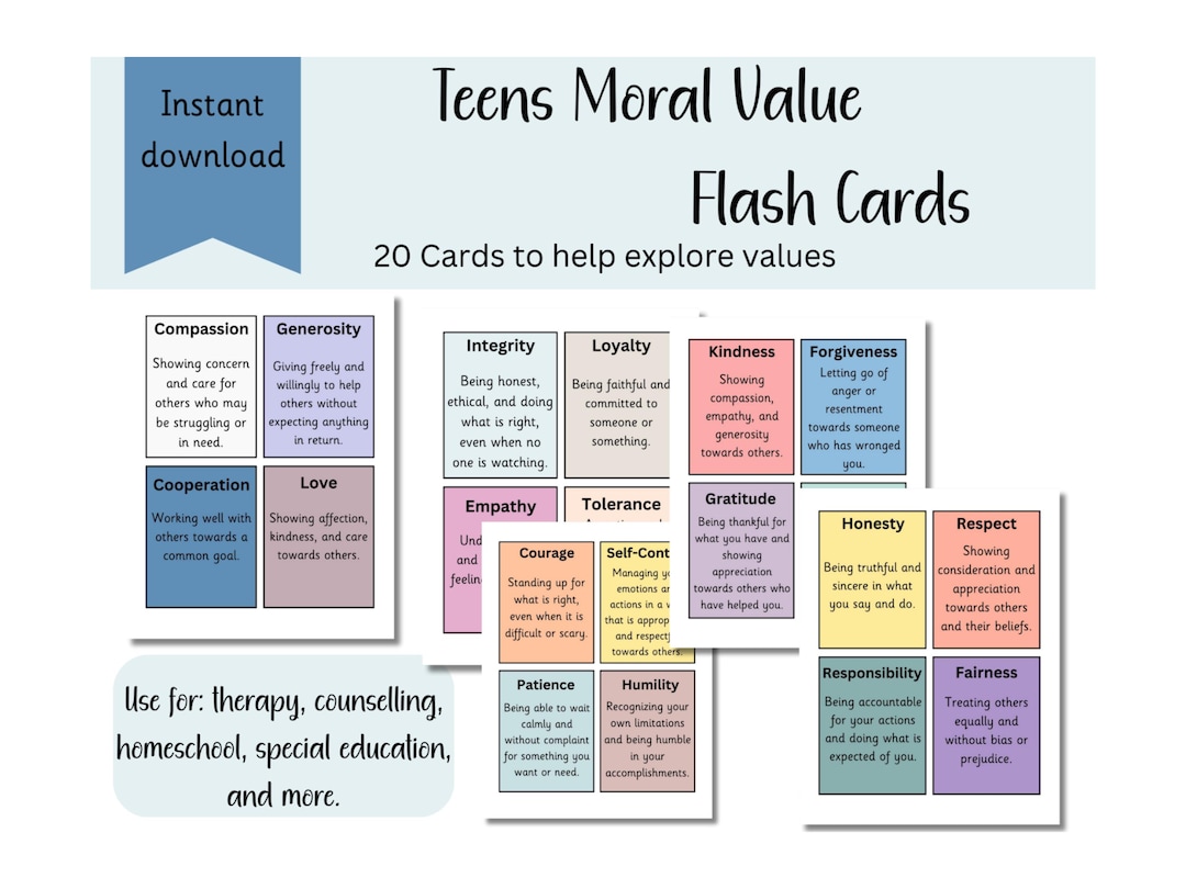 Teens Moral Value Flash Cards- PDF- Printable Therapy Cards for Kids ...