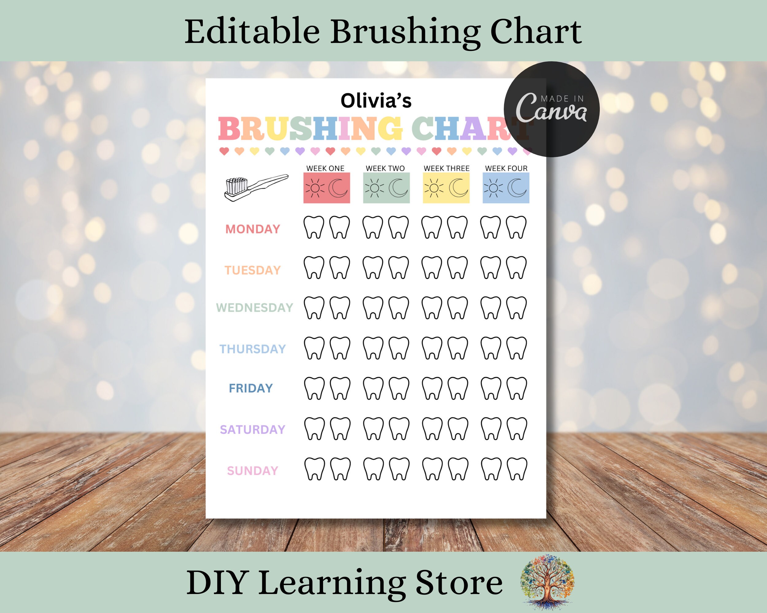 Editable Brushing Chart for Kids | Editable, Printable, Canva ...
