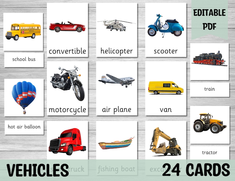Vehicles Montessori 3 Part Flash Cards Instant Download - Etsy