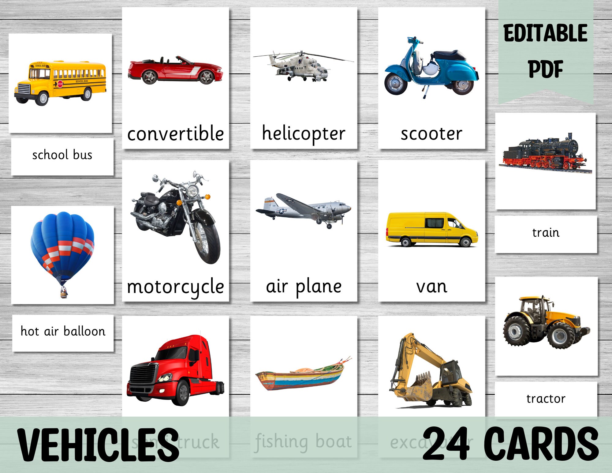 Vehicles- Montessori 3 Part Flash Cards- Instant Download- Editable PDF ...