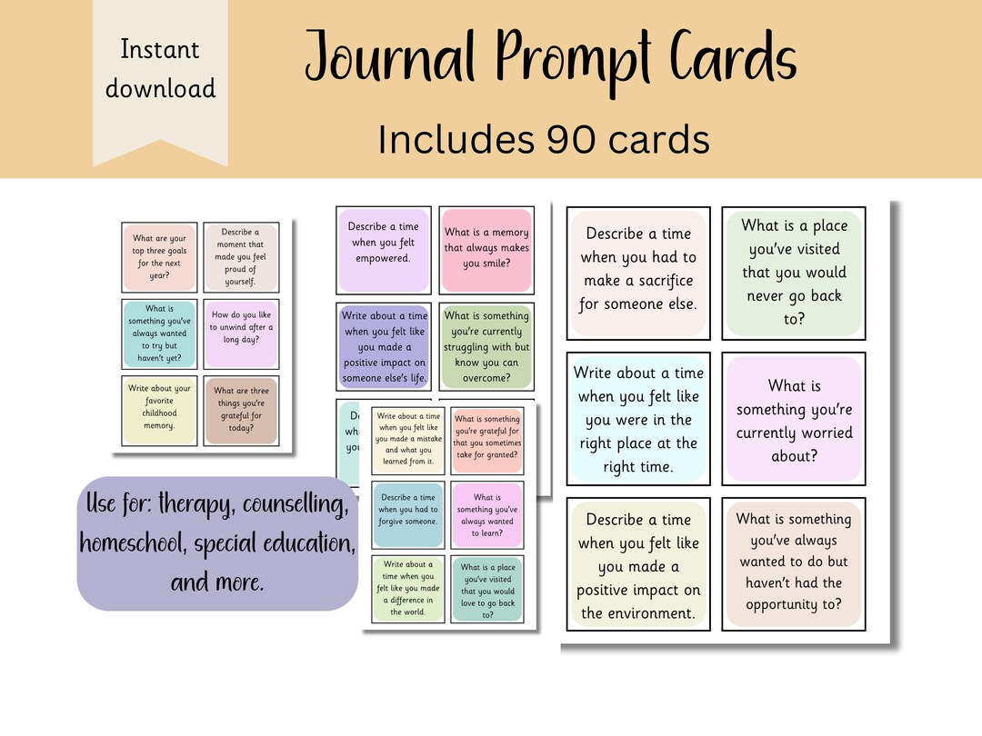 Journal Prompt Cards- PDF- Printable Self Reflection Cards- Therapy ...