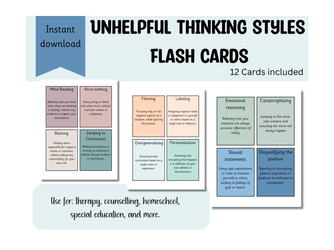 Unhelpful Thinking Styles Flash Cards PDF Printable Therapy Cards ...
