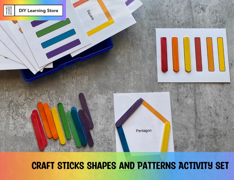 Craft Sticks Shapes and Patterns Activity Cards, Montessori Learning ...