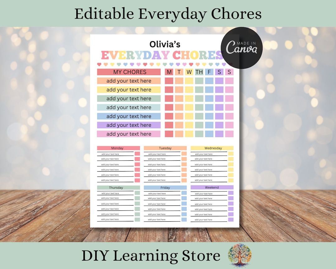 Kids Everyday Chores Planner Canva Editable Chores Tracker Habit ...