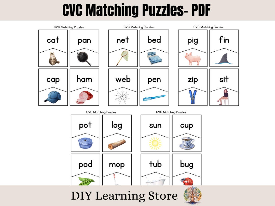 CVC Matching Puzzles- Preschool Activity Cards- Homeschool ...